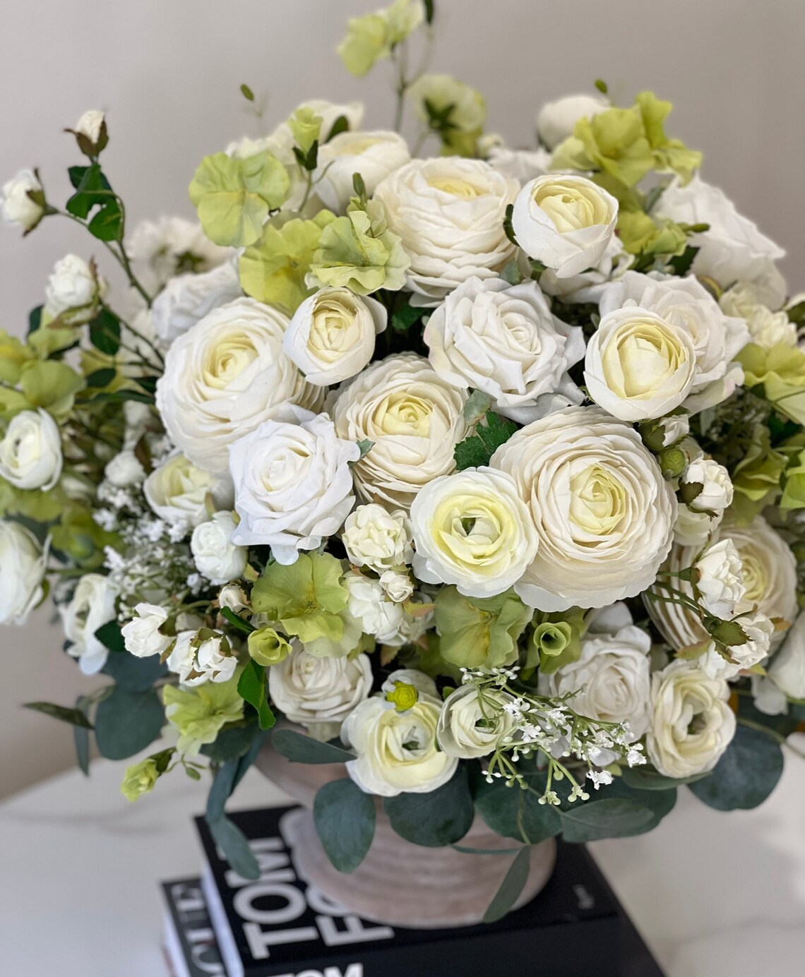 Faux Floral Arrangement Centerpiece With Green and White Mixed Florals ...
