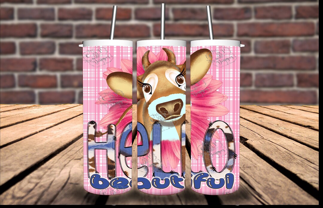 Hello Beautiful Pink Flower Cow Png Skinny Tumbler Design, Cow, Plaid ...