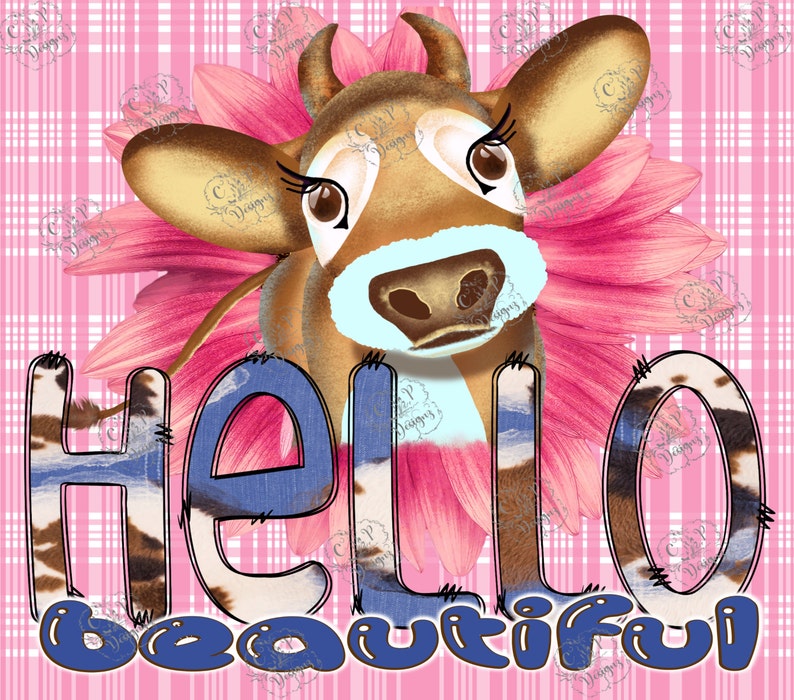 Hello Beautiful Pink Flower Cow Png Skinny Tumbler Design, Cow, Plaid ...