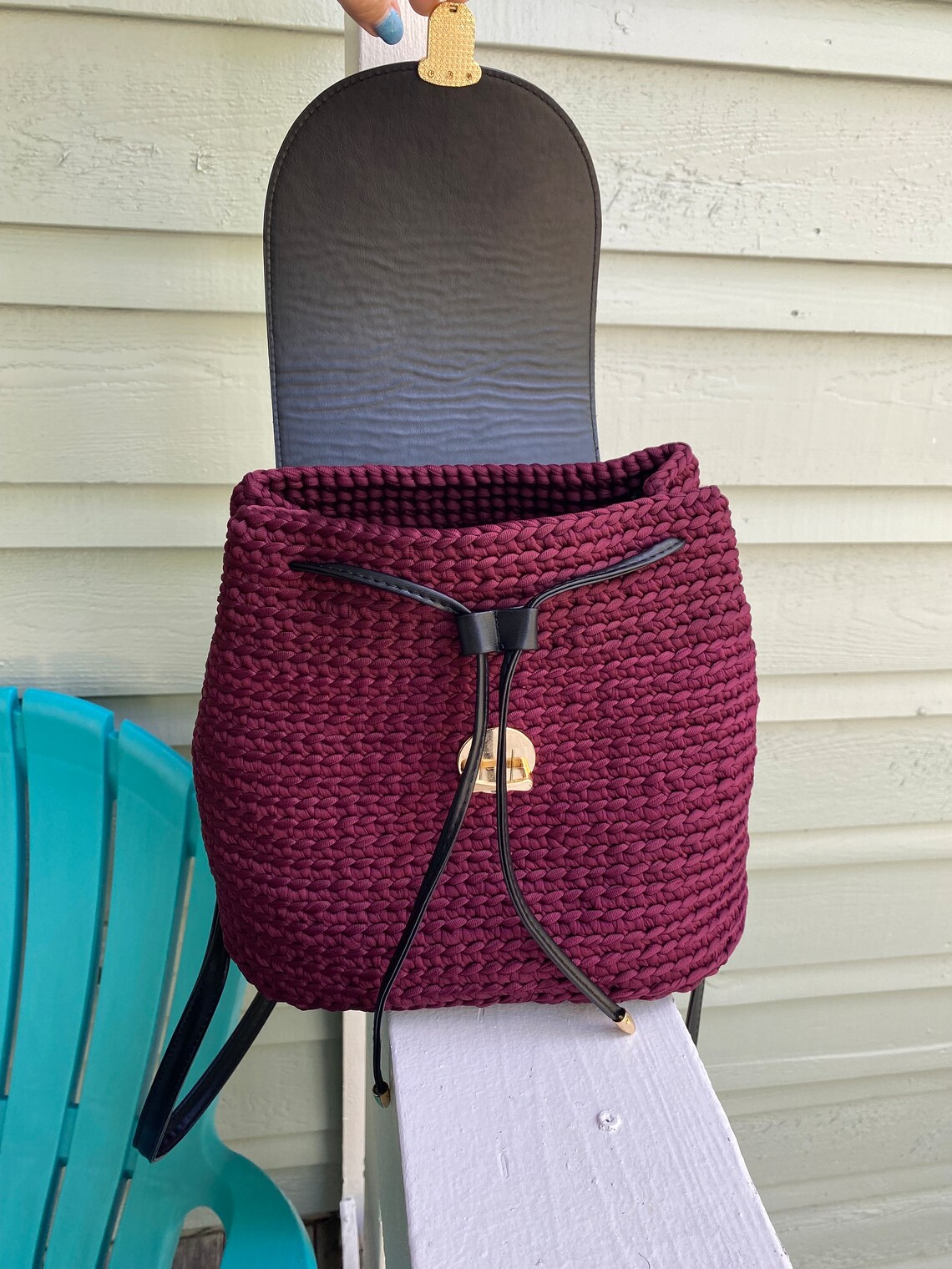 Plum Purple and Black Crochet Drawstring Backpack - Etsy