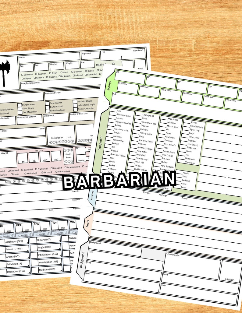 Dnd 5e Custom Character Sheets: All 12 Classes (digital Download) - Etsy
