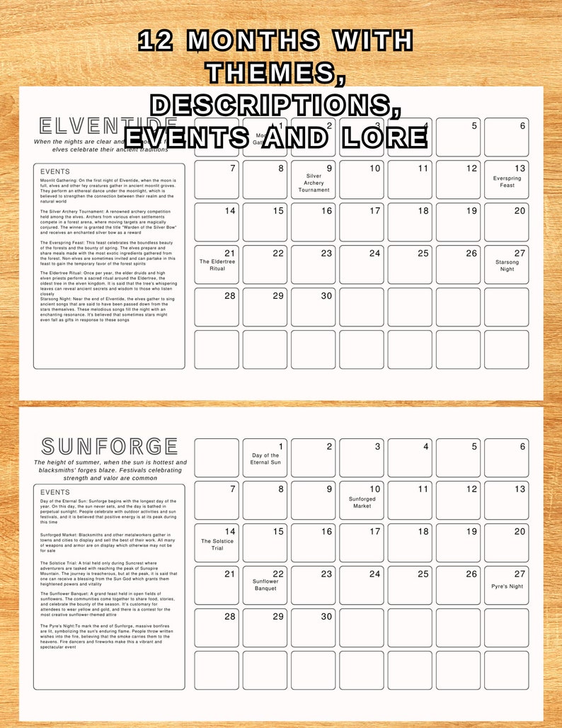 Dnd Campaign Calendar: Custom Months, Days & Lore (digital Download) - Etsy