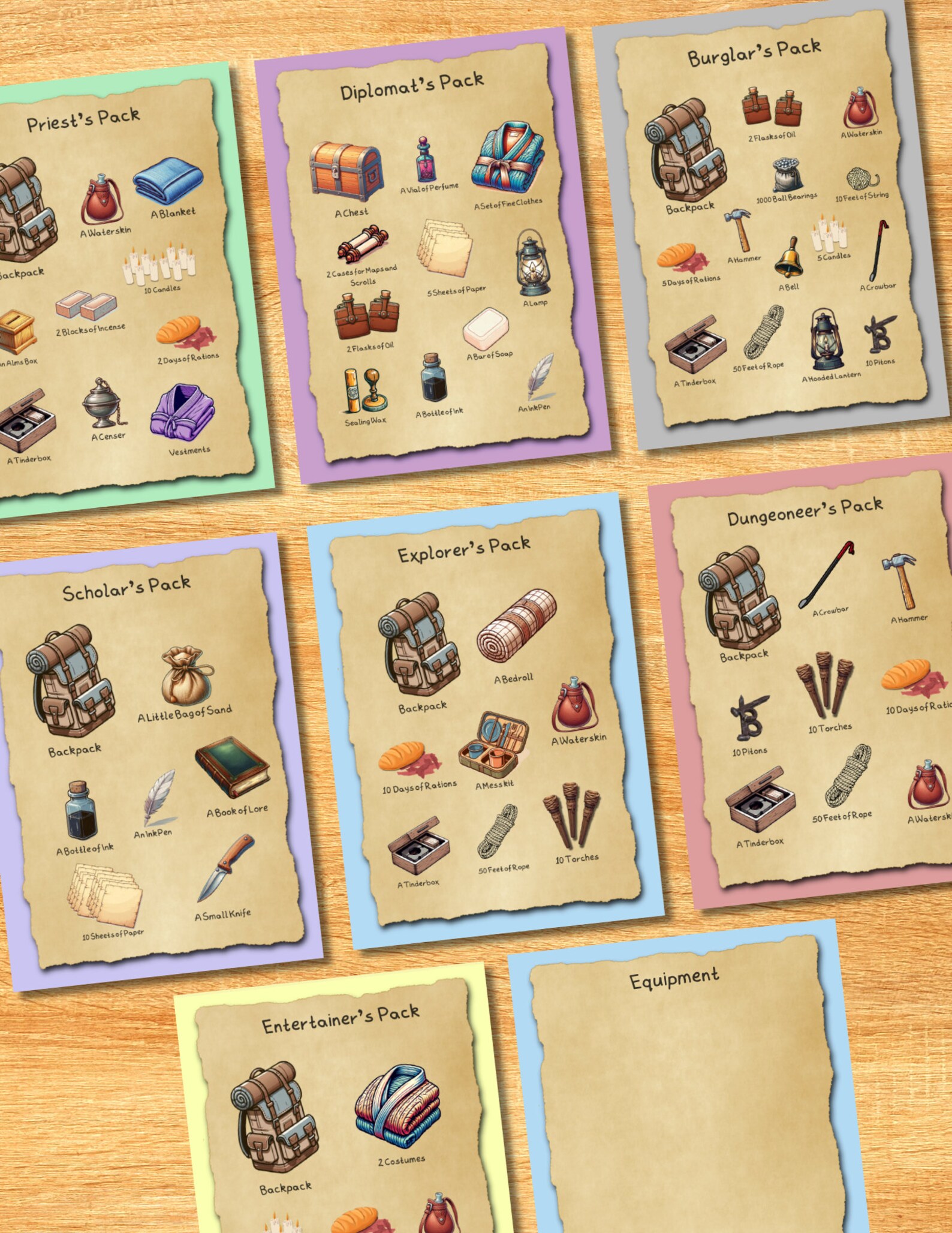 D&D Equipment Pack Cards: Visual Reference (printable Download) - Etsy