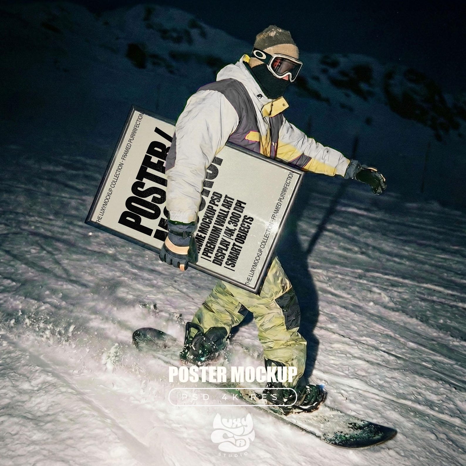 Poster Mockup, Frame Mockup With Snowboard, Photoshop Template Wall Art ...