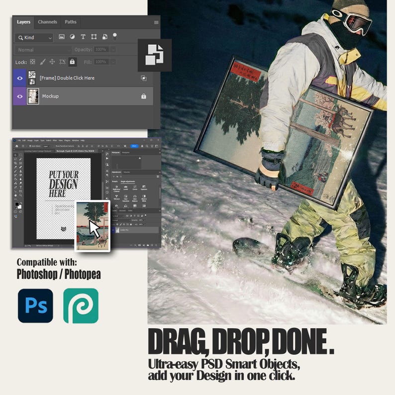 Poster Mockup, Frame Mockup With Snowboard, Photoshop Template Wall Art ...