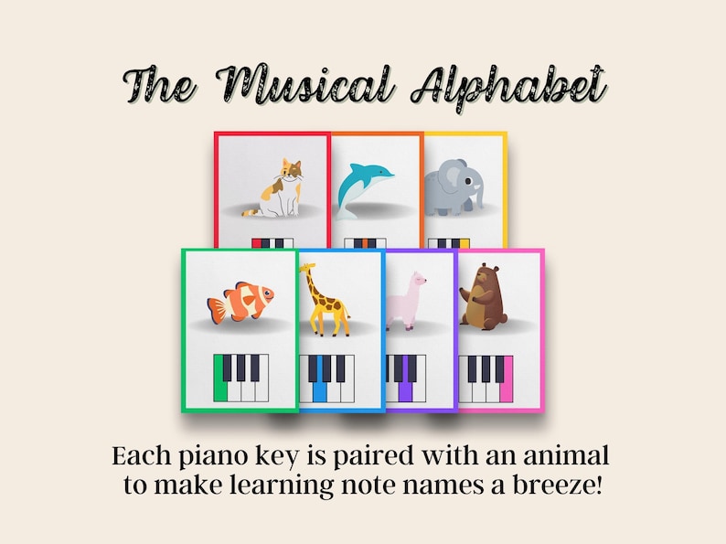 Animal Alphabet Music Flash Cards - Color Coded Piano Playing Cards for ...