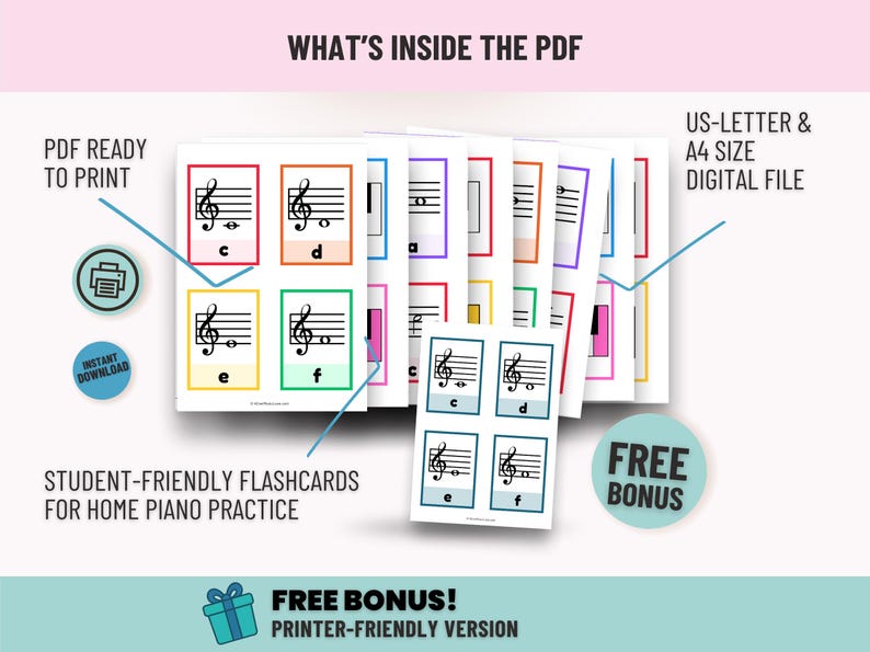 Music Notes and Piano Keys Flashcard - Color Coded Learning Cards for ...