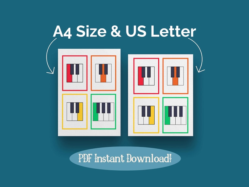 Music Notes and Piano Keys Flashcard - Color Coded Learning Cards for ...