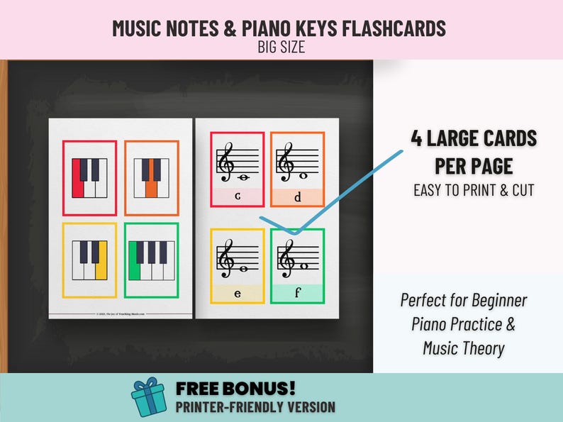 Music Notes and Piano Keys Flashcard - Color Coded Learning Cards for ...