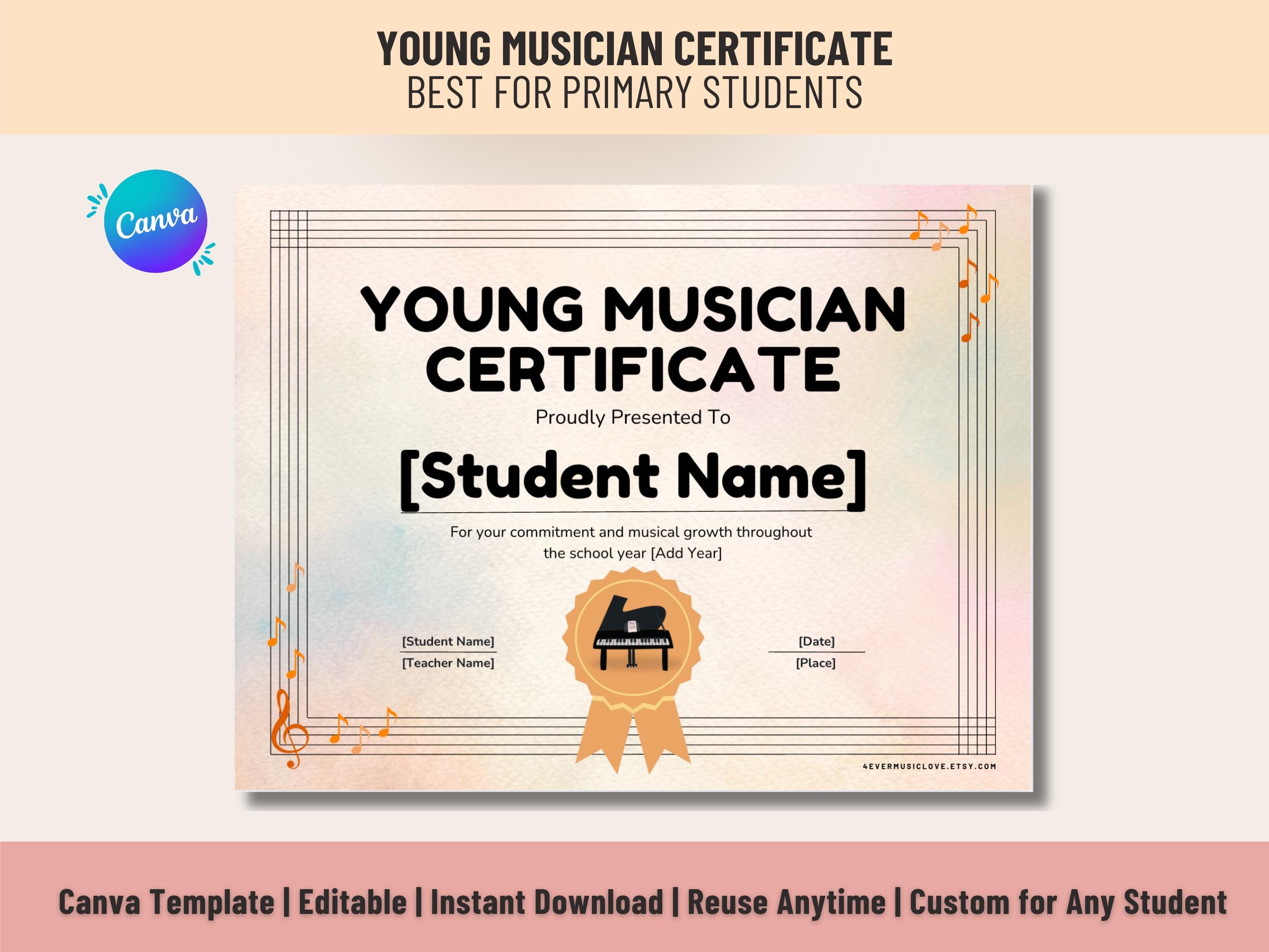 Editable Music Certificate Canva Template - Printable Student Award for ...