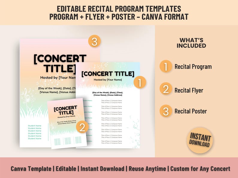 Editable Recital Program, Flyer & Poster | Canva Template Bundle for ...