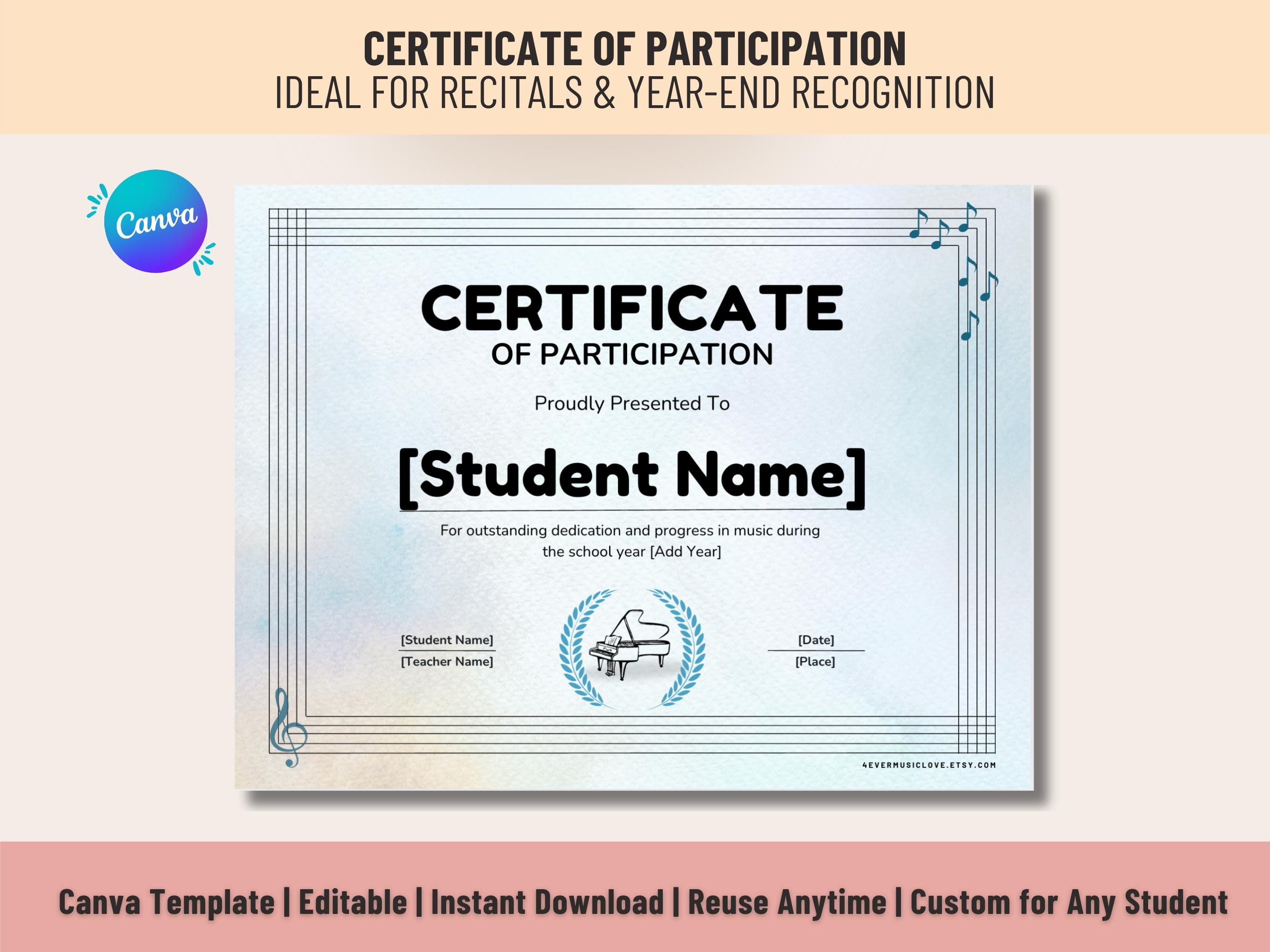 Editable Music Certificate Canva Template - Printable Student Award for ...
