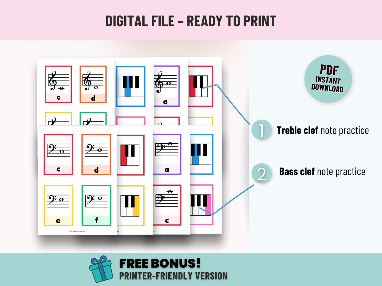 Music Notes and Piano Keys Flashcard - Color Coded Learning Cards for ...