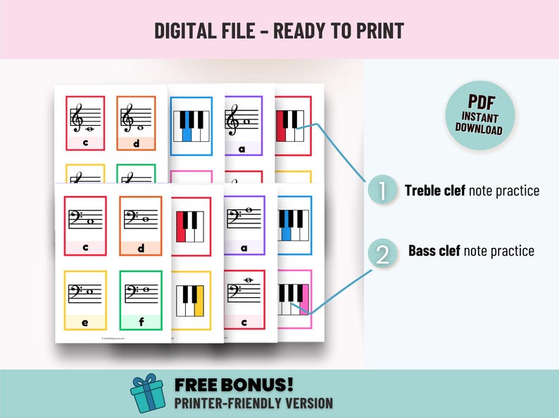 Music Notes and Piano Keys Flashcard - Color Coded Learning Cards for ...