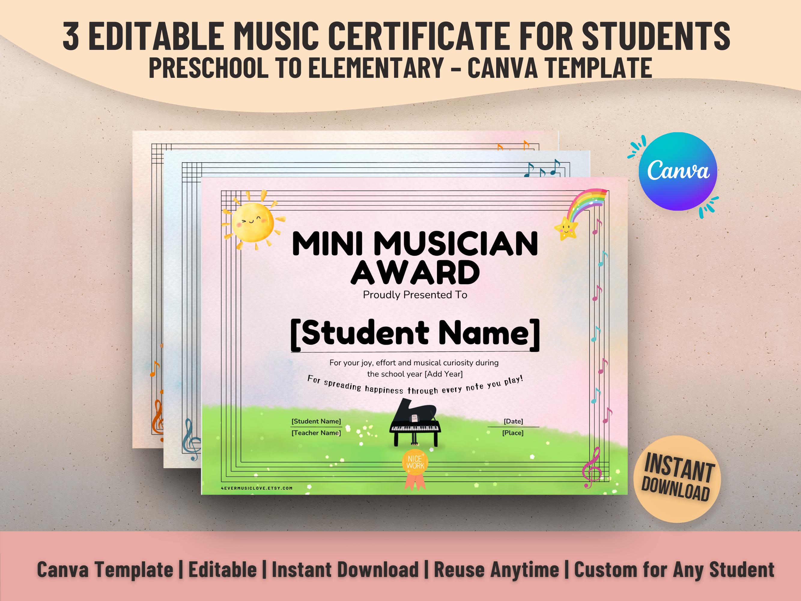 Editable Music Certificate Canva Template - Printable Student Award for ...