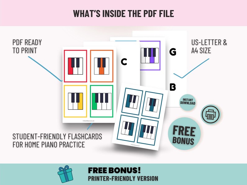 Musical Alphabet Piano Flash Cards – Color Coded Keyboard Cards for ...