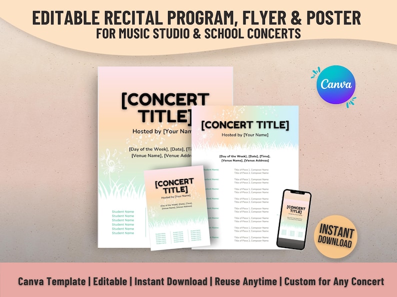 Editable Recital Program, Flyer & Poster | Canva Template Bundle for ...