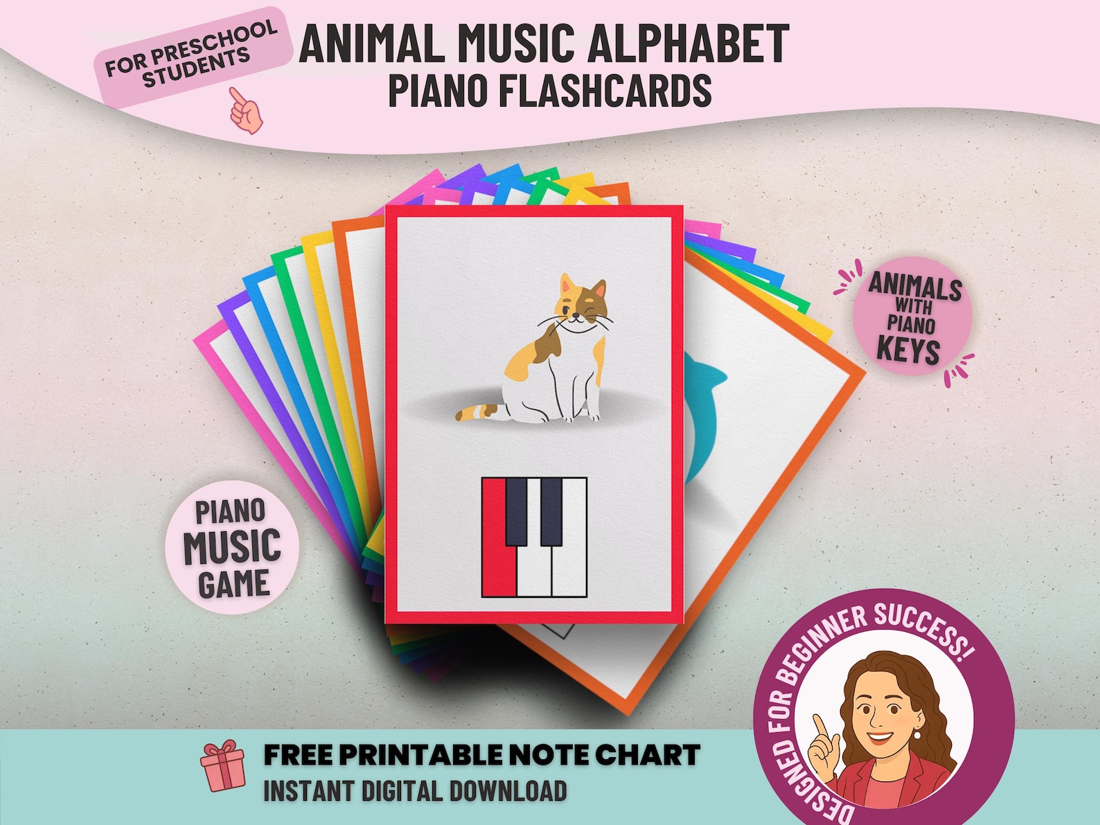 Animal Alphabet Music Flash Cards - Color Coded Piano Playing Cards for ...