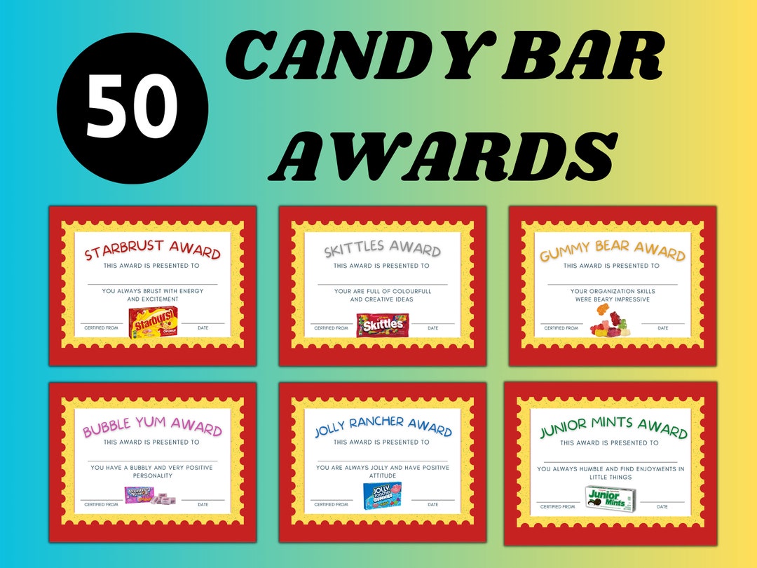 50 Individual Candy Bar Awards Candy Bar Award Certificates Individual ...