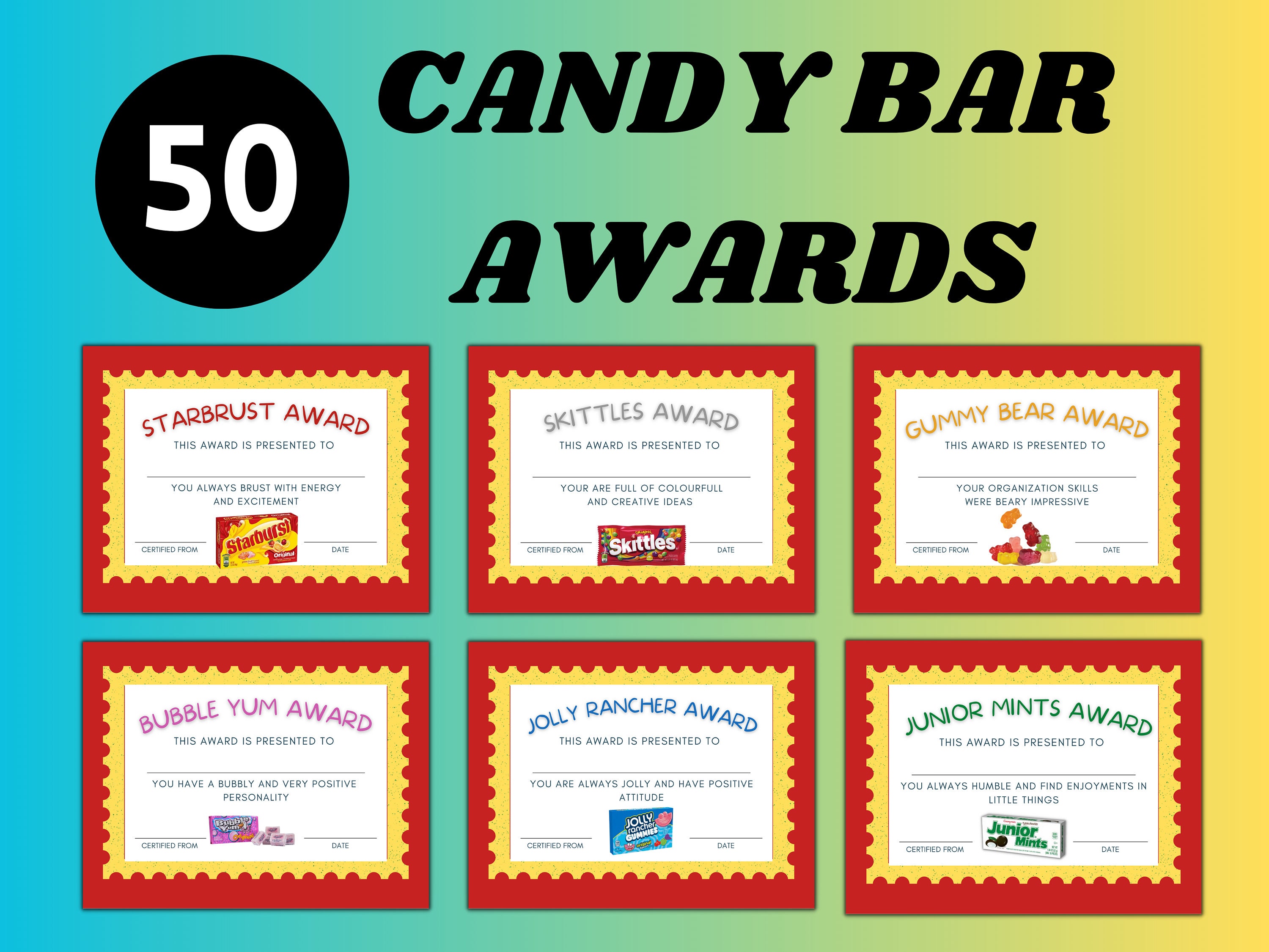 50 Individual Candy Bar Awards Candy Bar Award Certificates Individual ...