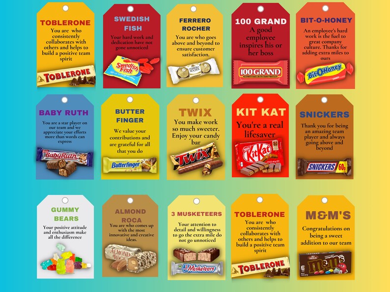 50 Employee Candy Bar Gift Tags, Employee Appreciation Tag Bundle ...