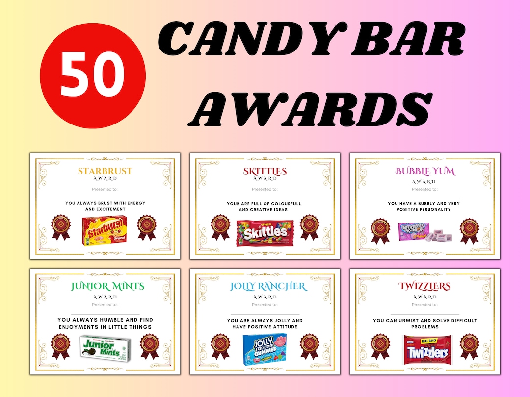 50 Individual Candy Bar Awards Candy Bar Award Certificates Individual ...