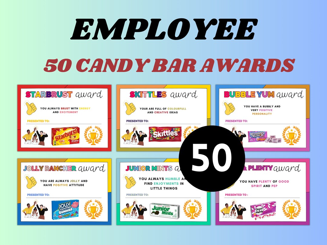 50 EMPLOYEE CANDY BAR Awards - Candy Bar Award Certificates - Co-worker ...