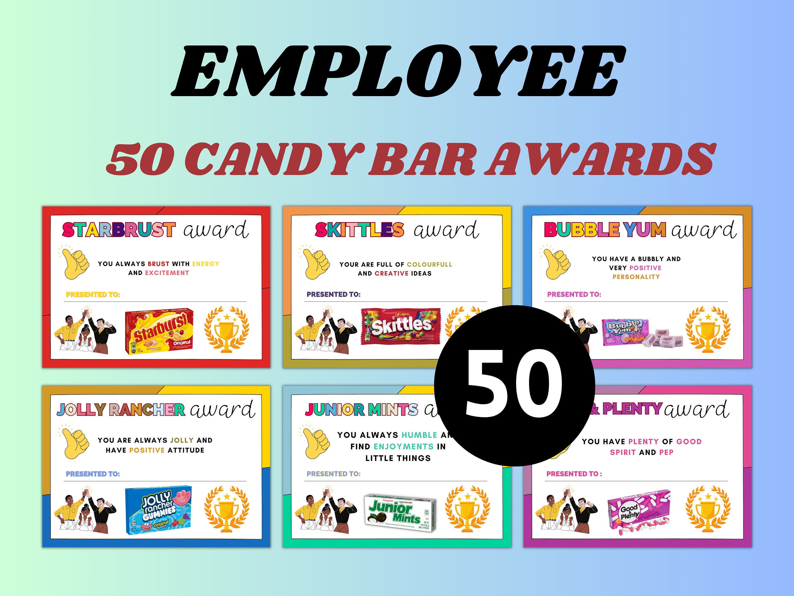 50 EMPLOYEE CANDY BAR Awards - Candy Bar Award Certificates - Co-worker ...