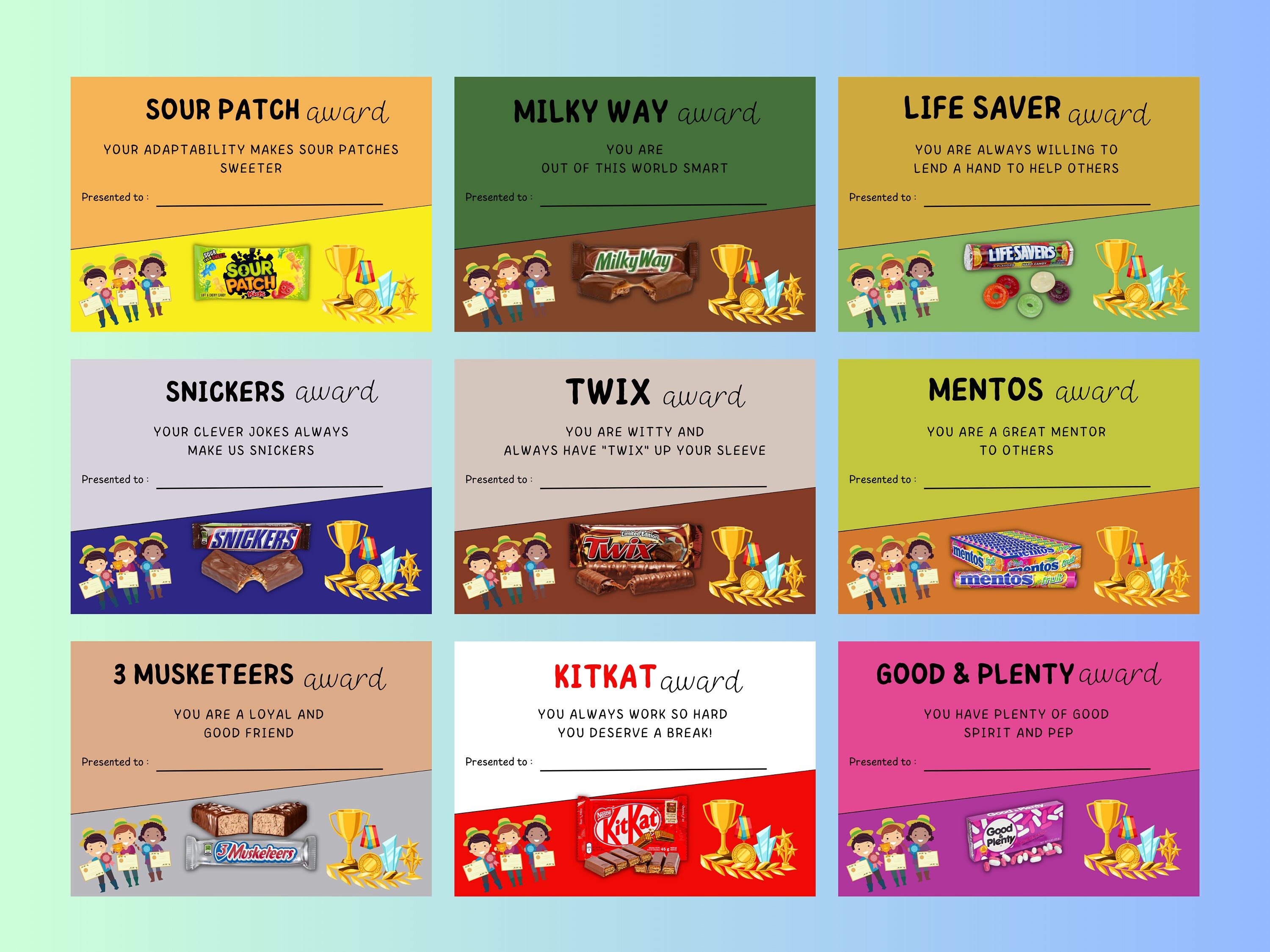 50 Candy Bar Awards Candy Bar Award Certificates Individual Candy Bar ...