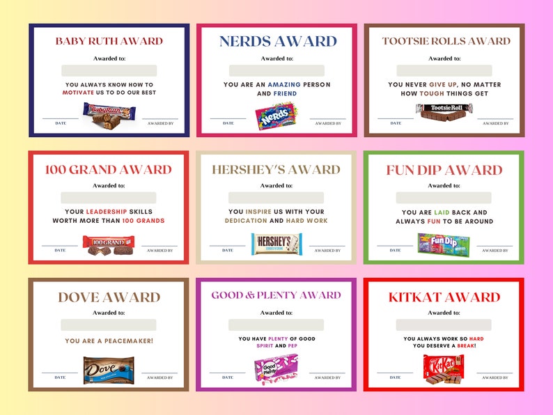 50 Individual Candy Bar Awards Candy Bar Award Certificates Individual ...