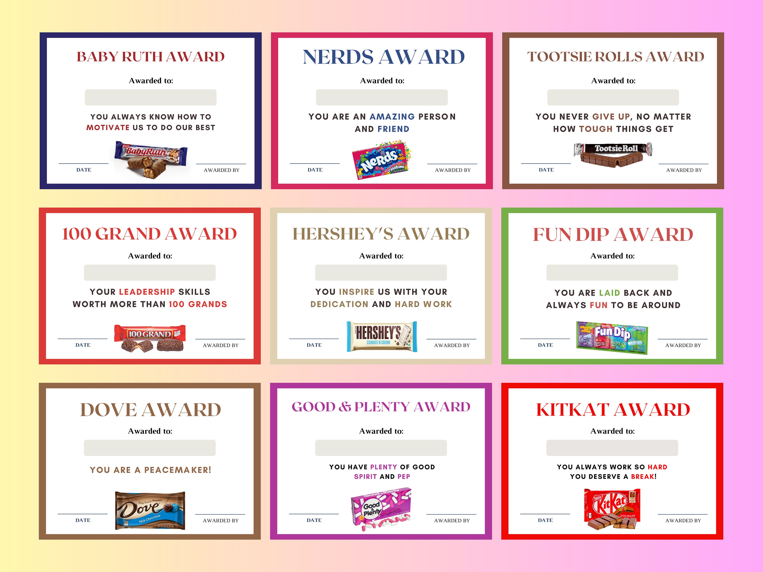 50 Individual Candy Bar Awards Candy Bar Award Certificates Individual ...