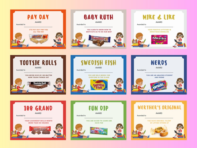 Student Candy Bar Awards Class Candy Bar Award Certificates - Etsy