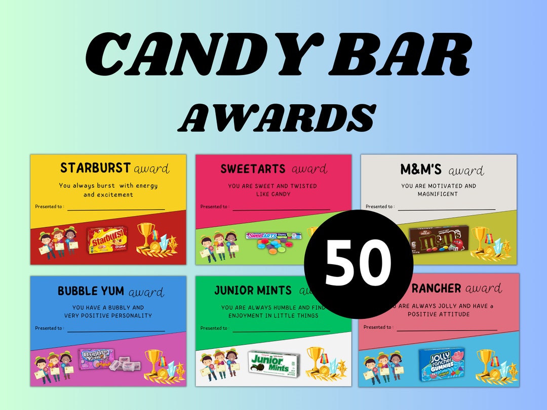 50 Candy Bar Awards Candy Bar Award Certificates Individual Candy Bar ...