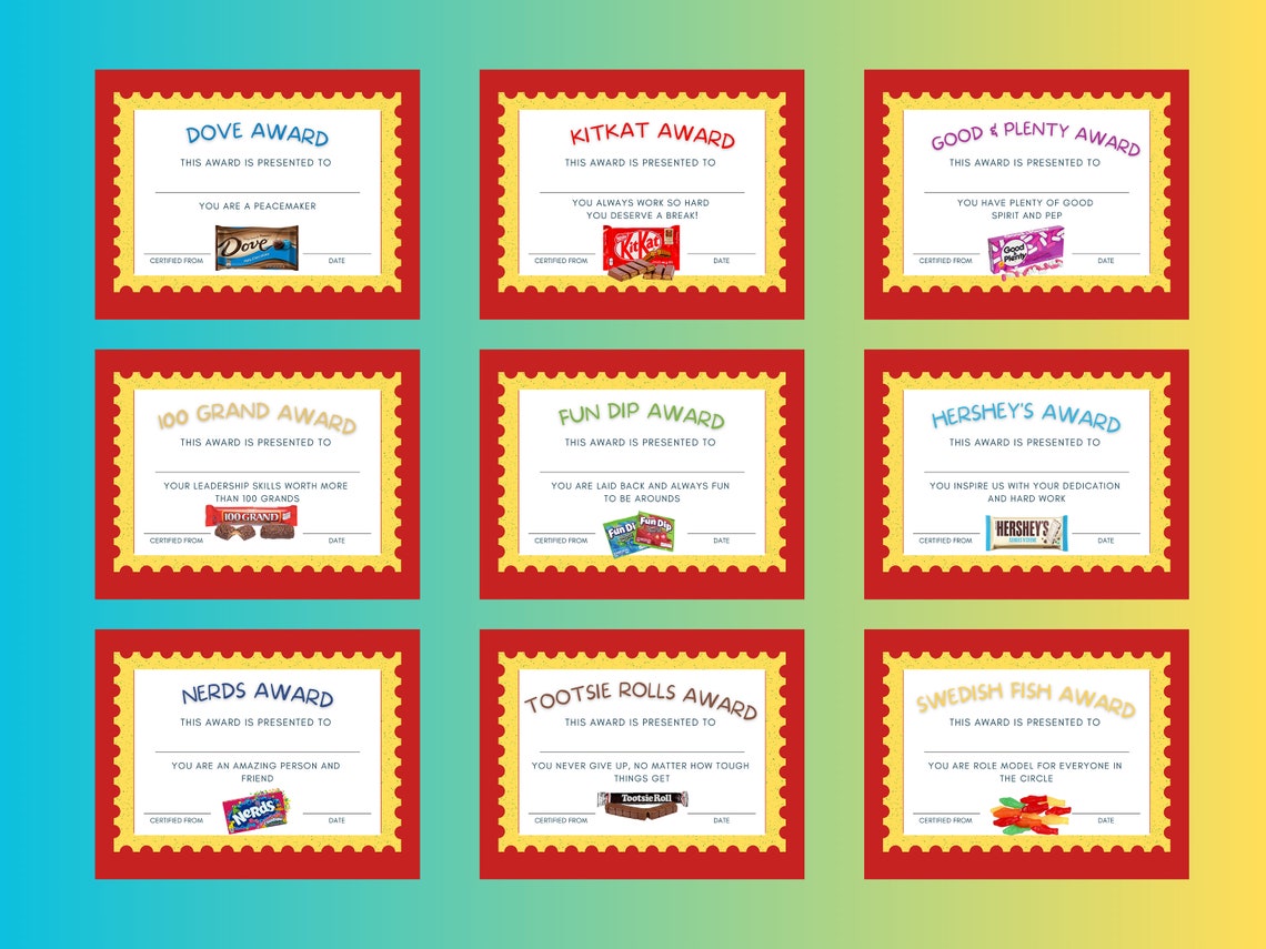 50 Individual Candy Bar Awards Candy Bar Award Certificates Individual ...