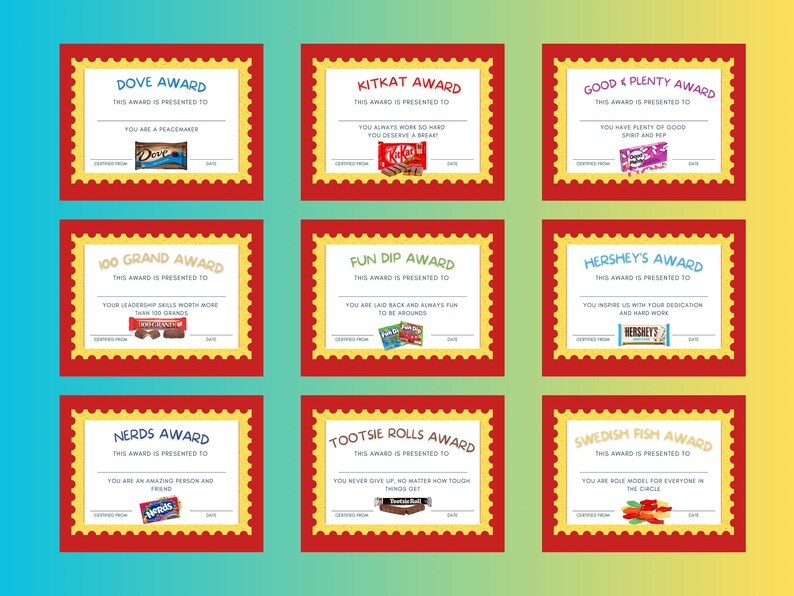 50 Individual Candy Bar Awards Candy Bar Award Certificates Individual ...