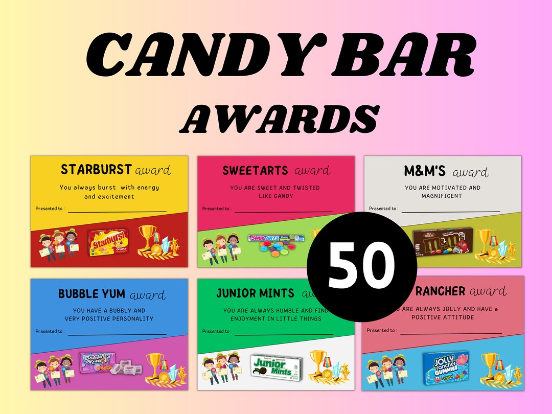 50 Candy Bar Awards - Candy Bar Award Certificates - Individual Candy ...