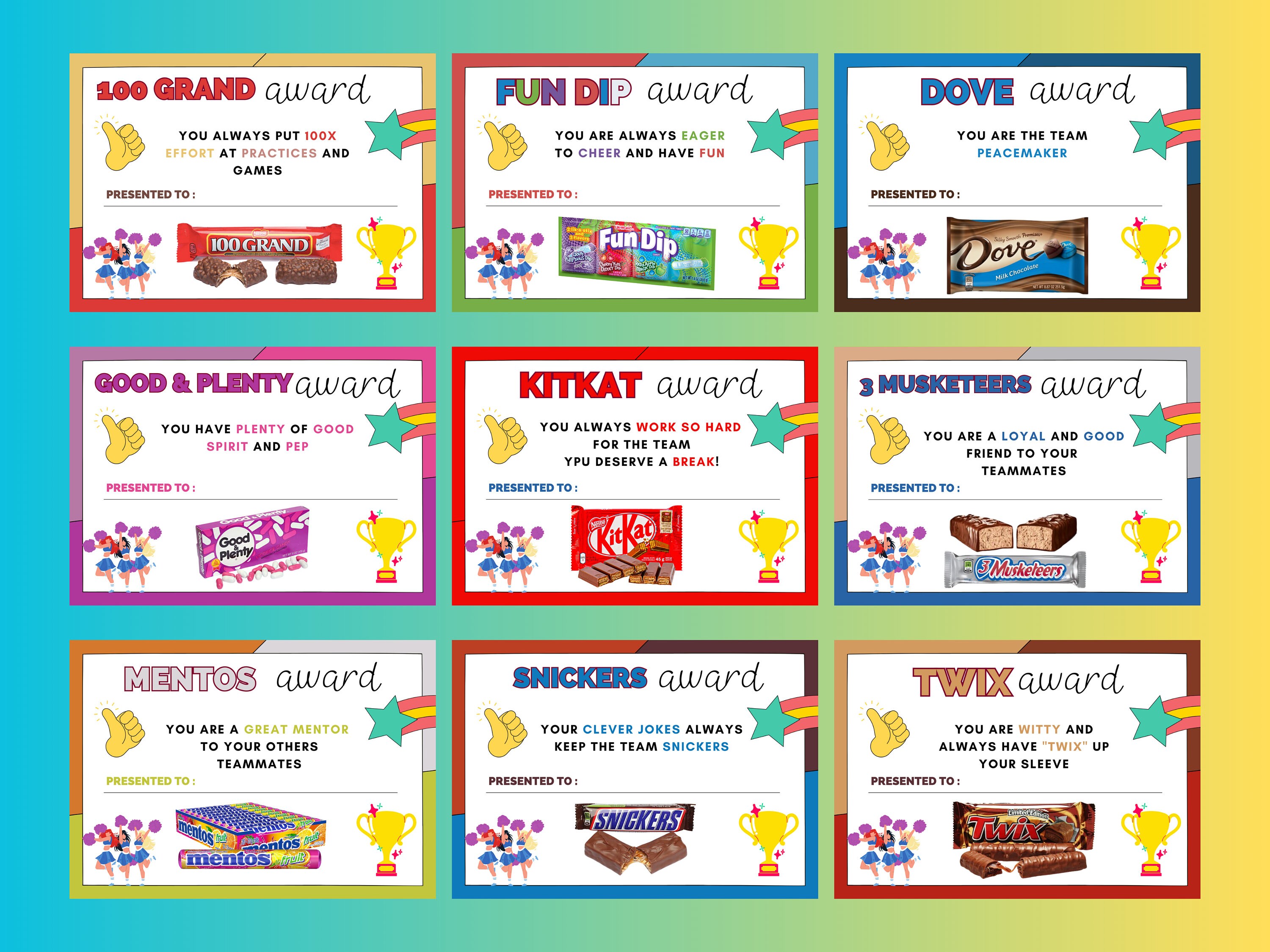 Cheer Team Candy Bar Award Certificates Cheerleader Candy Bar Awards ...