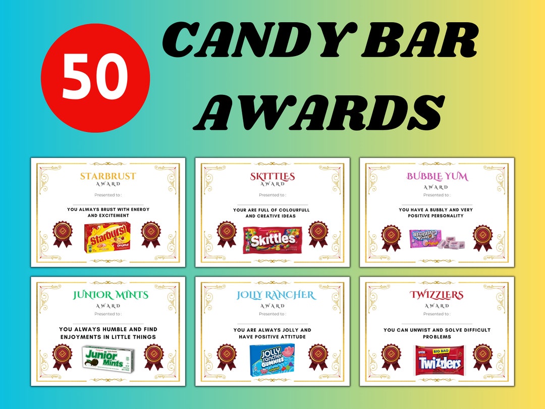 50 Candy Bar Awards Candy Bar Award Certificates Individual Candy Bar ...