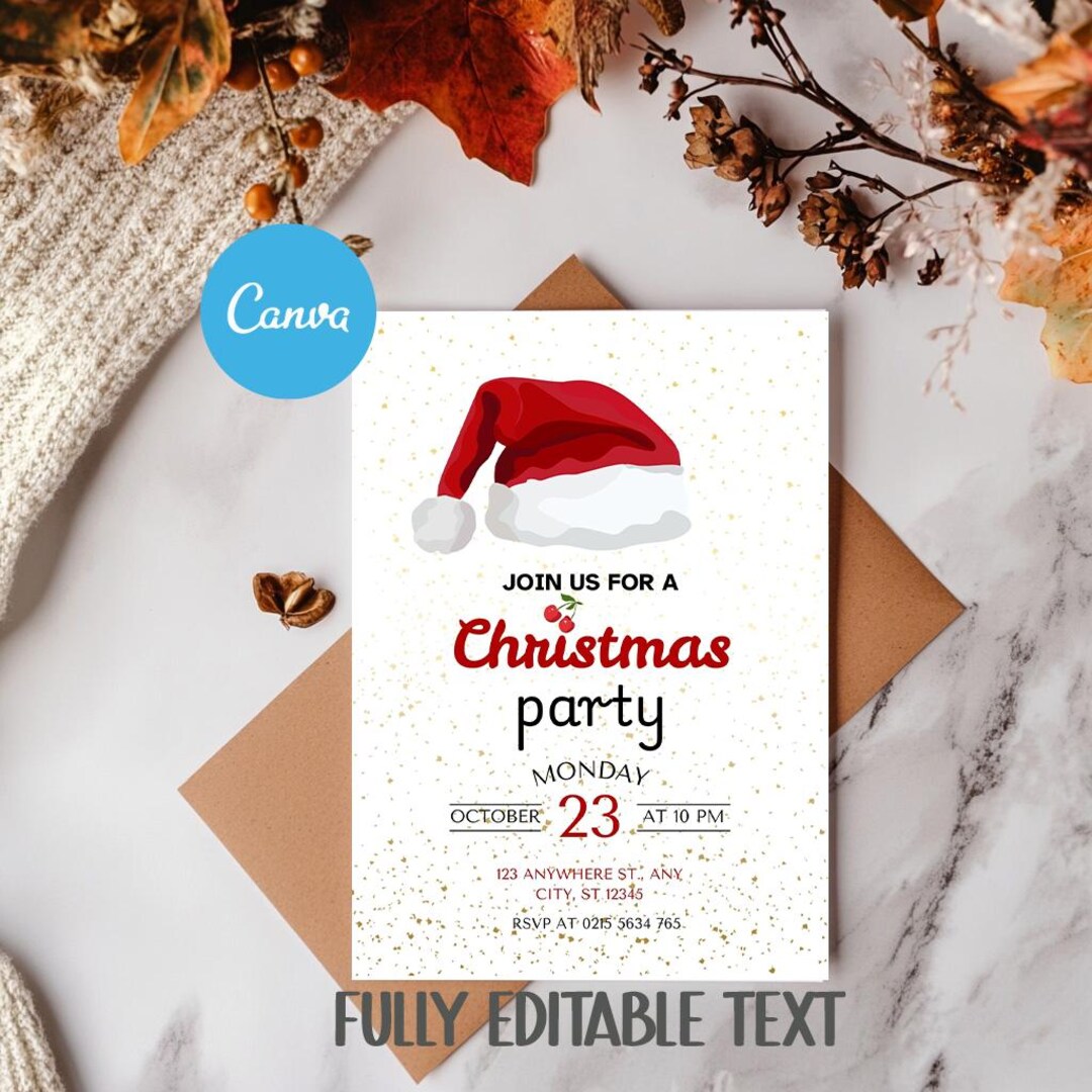 Editable Christmas Party Invitation | Santa Hat Design | Canva Template ...