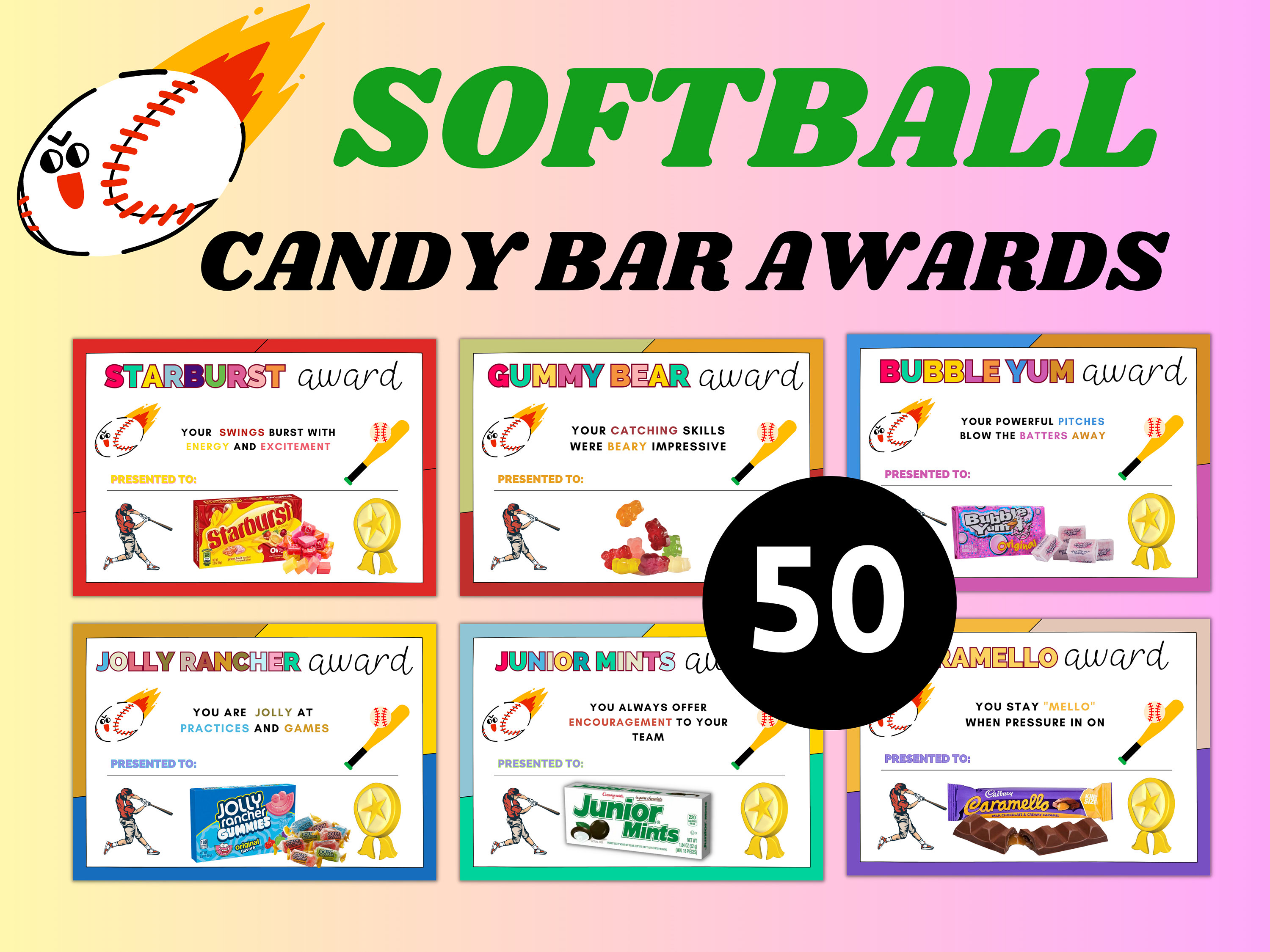 50 Softball Candy Bar Award Certificates Softball Player Candy Bar ...