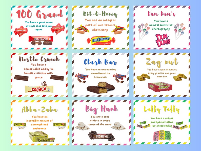 Cheer Team Candy Bar Award Certificates Cheerleader Candy Bar Awards ...