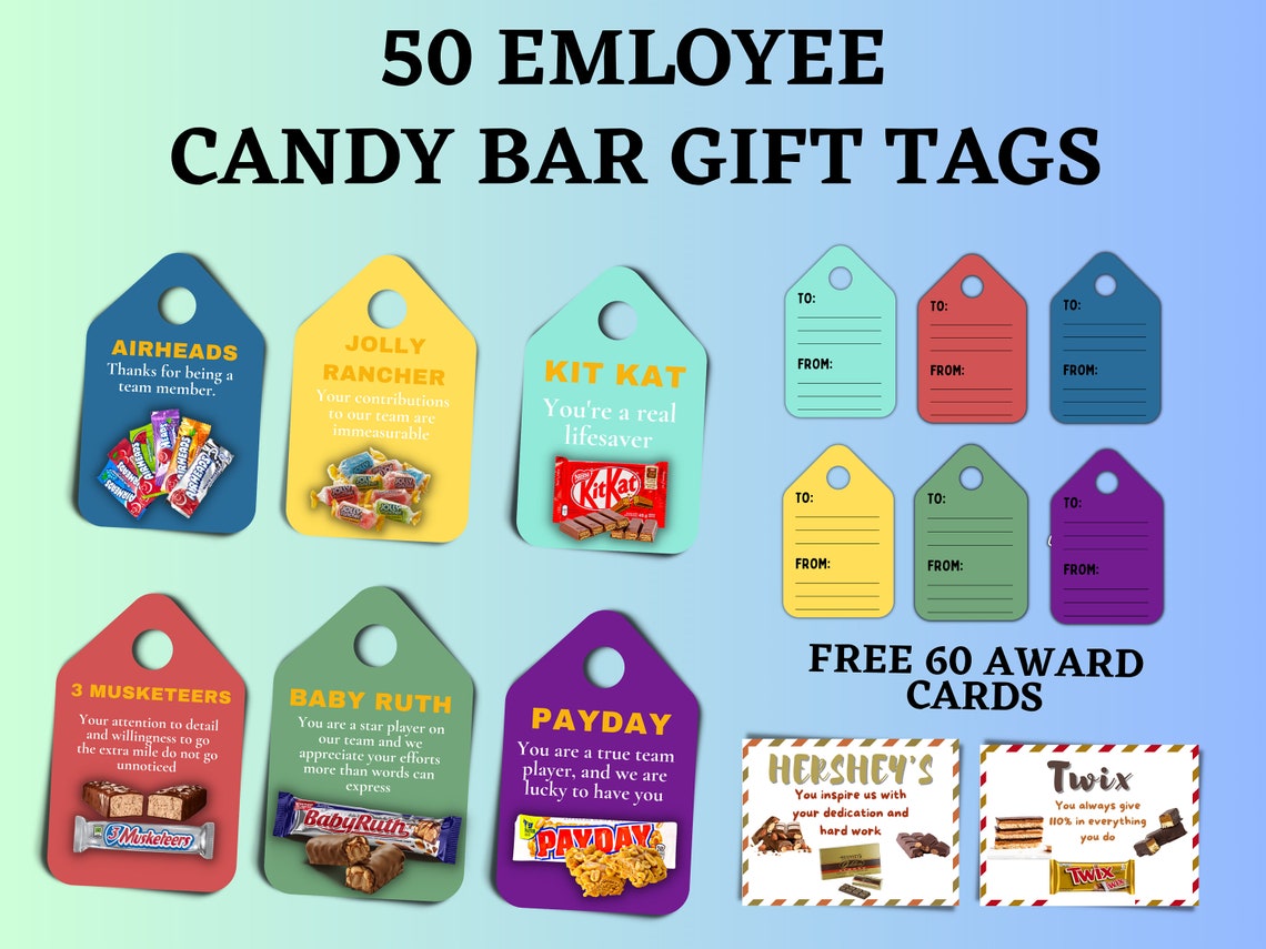 50 EMPLOYEE CANDY Bar Gift Tags/awards, Employee Appreciation Tag ...