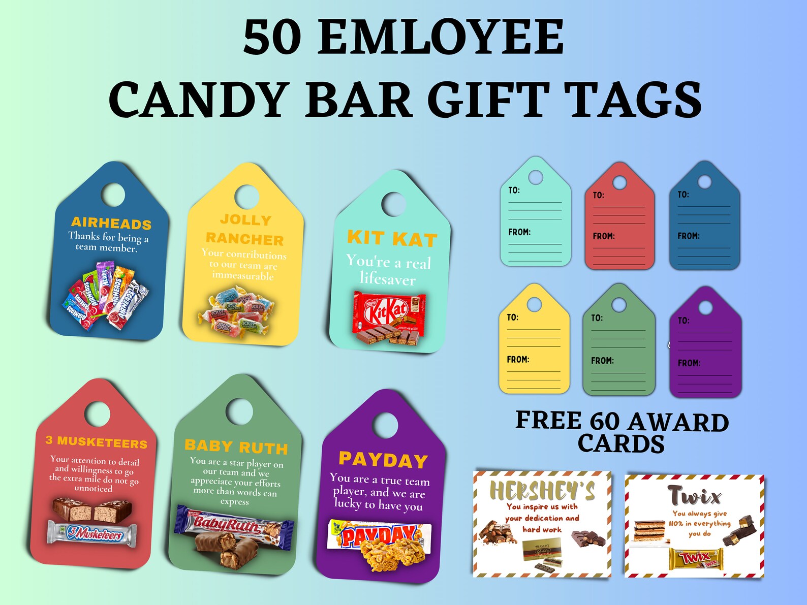 50 EMPLOYEE CANDY Bar Gift Tags/awards Employee Appreciation - Etsy