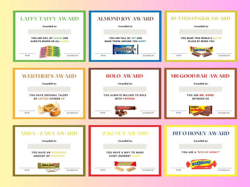 50 Individual Candy Bar Awards Candy Bar Award Certificates Individual ...