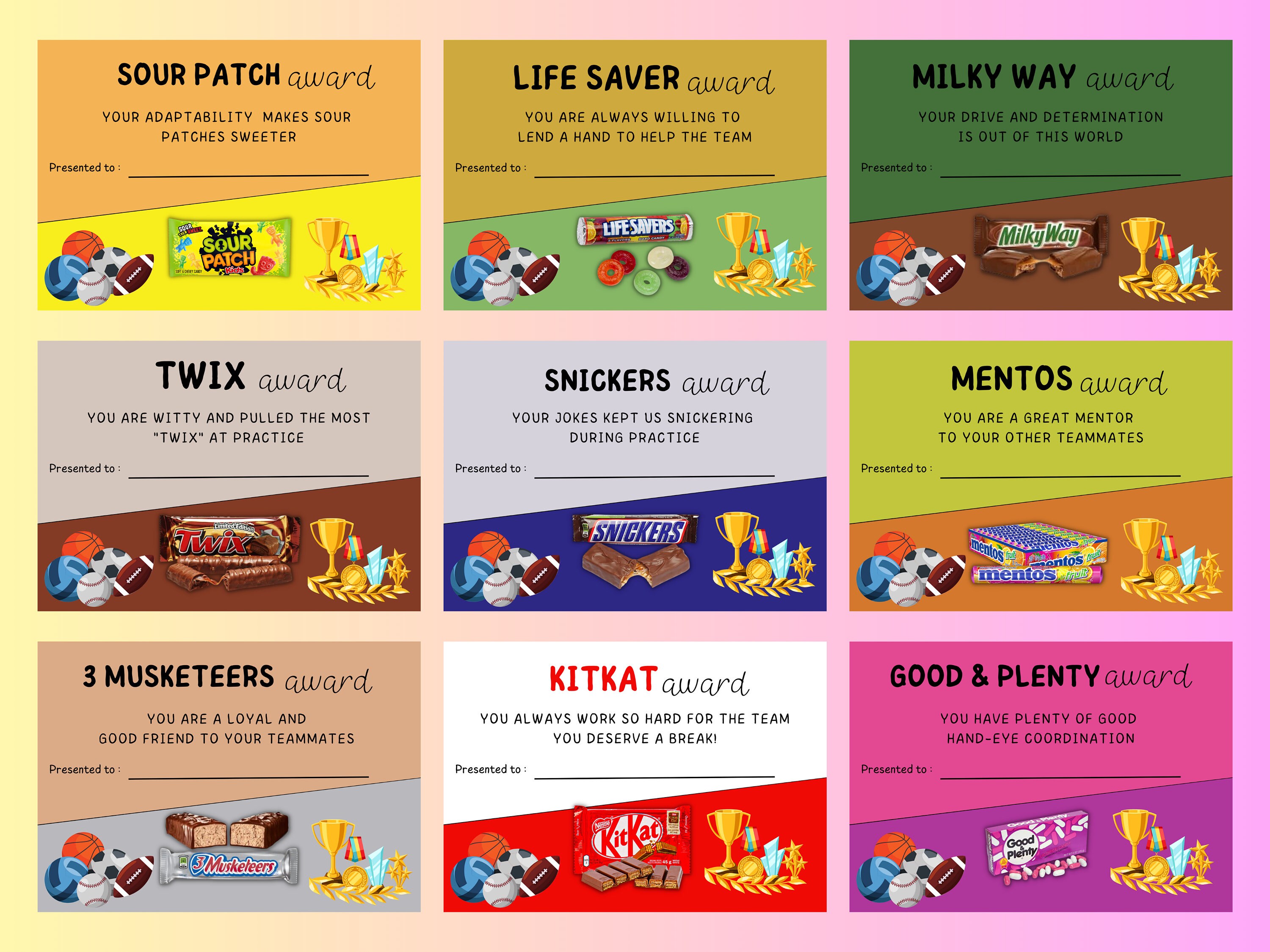Sports Team Candy Bar Award Certificates Sports Players - Etsy