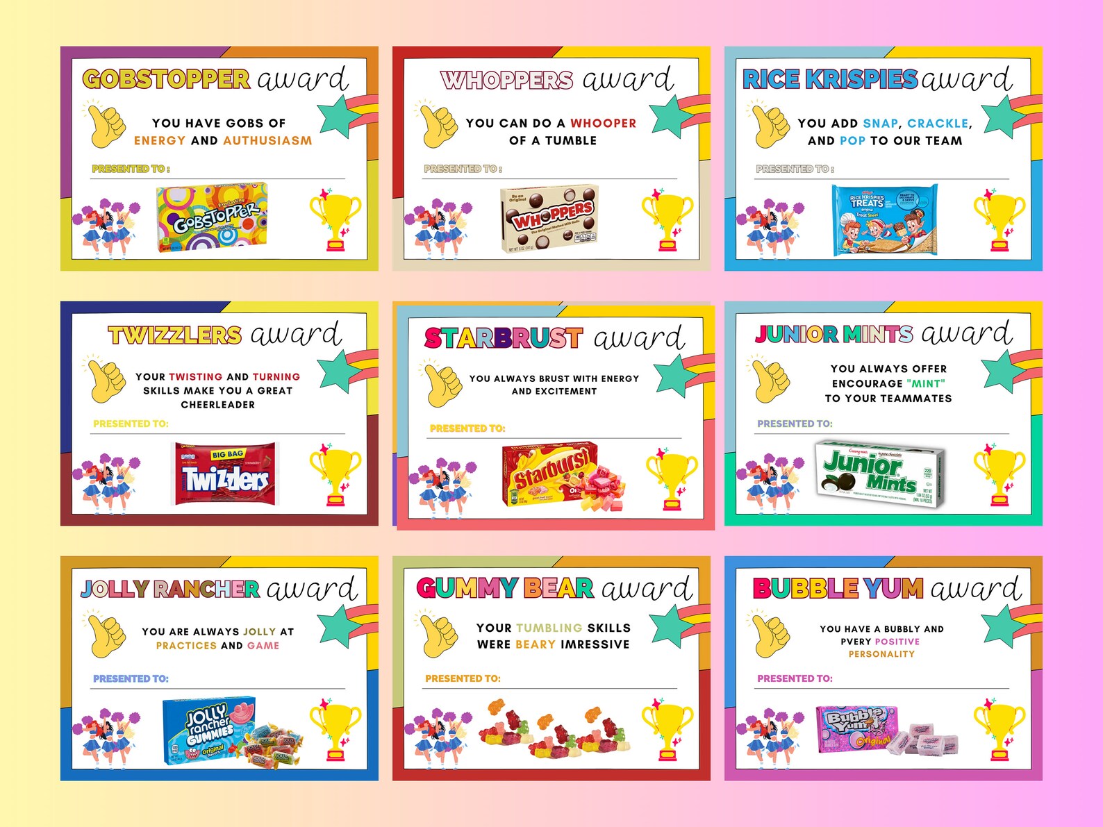 Cheer Team Candy Bar Award Certificates Cheerleader Candy Bar Awards ...