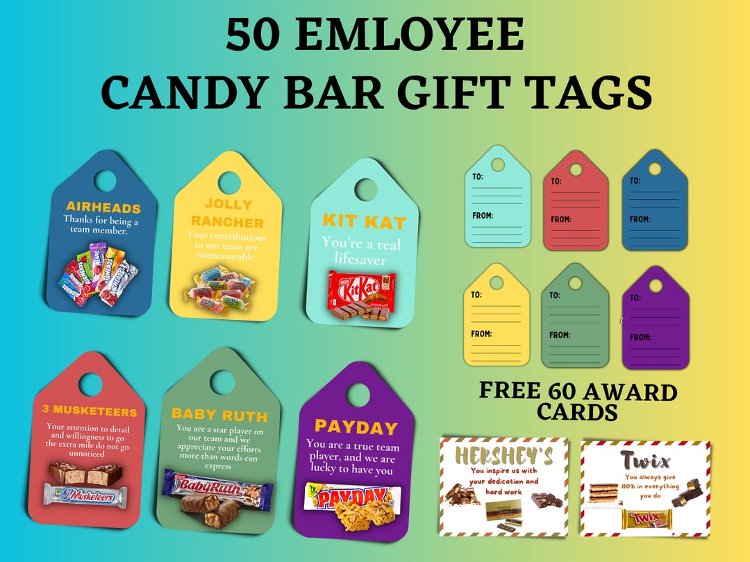 50 EMPLOYEE CANDY Bar Gift Tags/awards, Employee Appreciation Tag ...