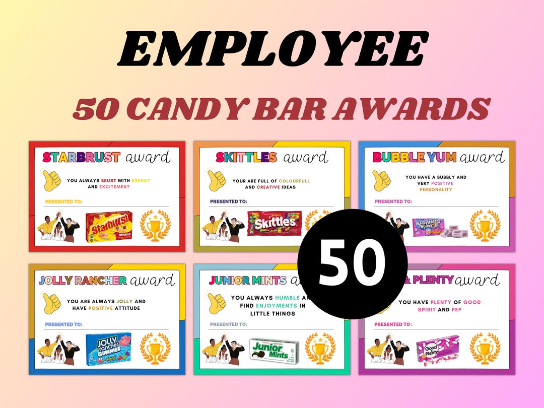 50 EMPLOYEE CANDY BAR Awards Candy Bar Award Certificates Co-worker ...