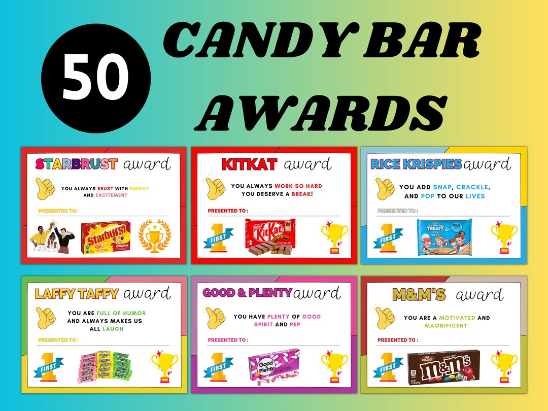 50 Individual Candy Bar Awards Candy Bar Award Certificates - Etsy
