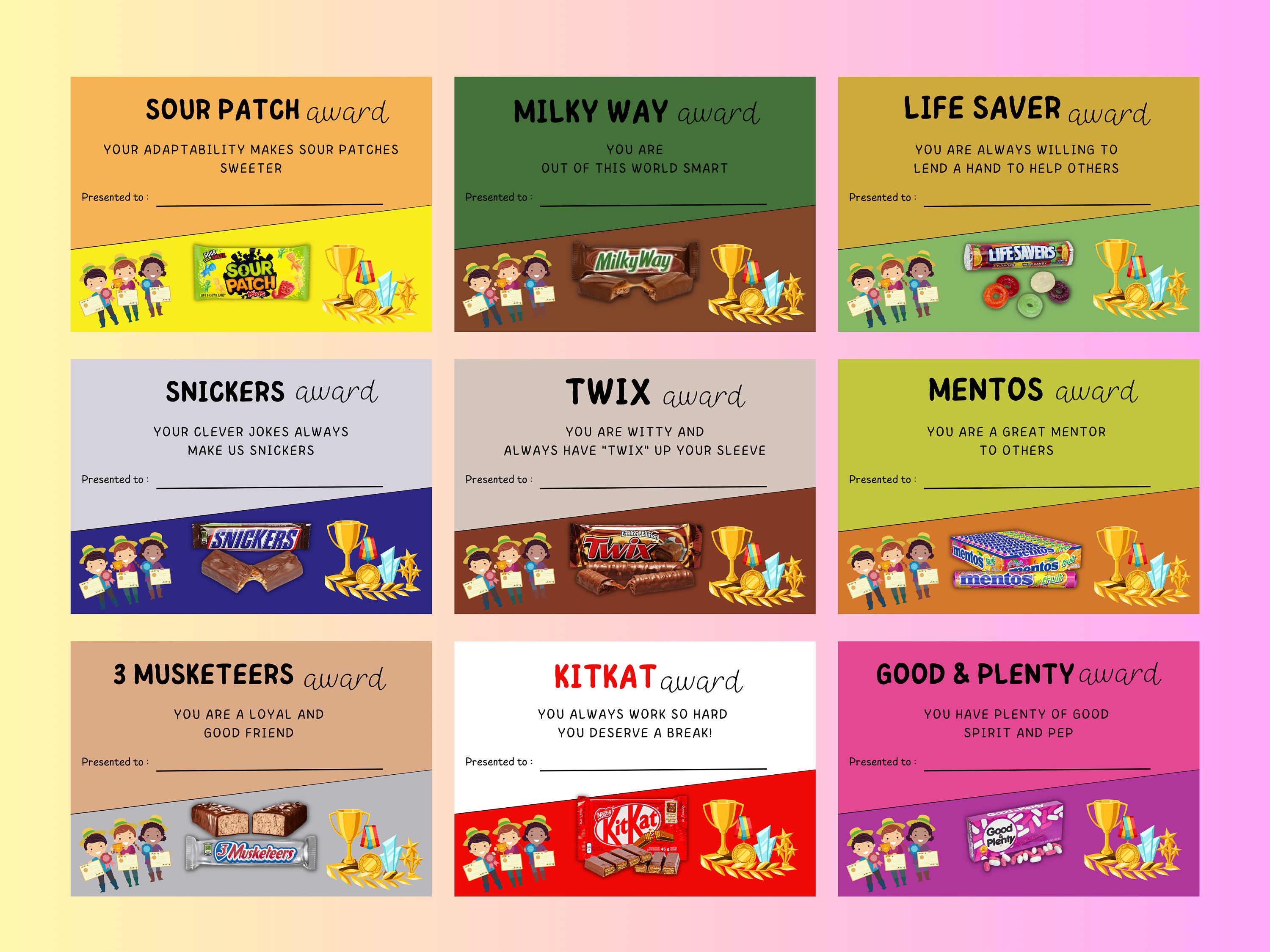 50 Individual Candy Bar Awards - Candy Bar Award Certificates ...